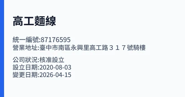 高工麵線 - 統編 87176595(臺中市) 公司登記資料與營業項目詳細圖表