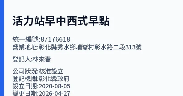 活力站早中西式早點的照片-統編 87176618(彰化縣) 公司登記資料與營業項目詳細圖表