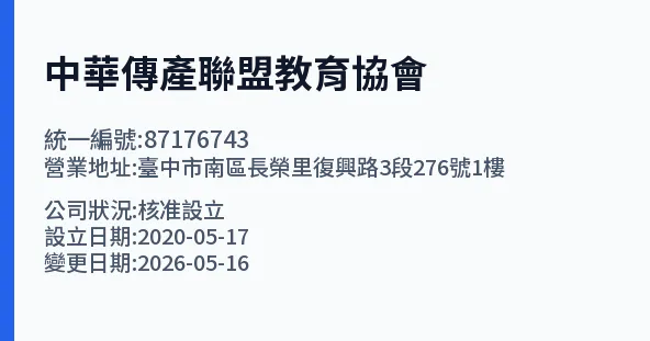 中華傳產聯盟教育協會的照片-統編 87176743(臺中市) 公司登記資料與營業項目詳細圖表