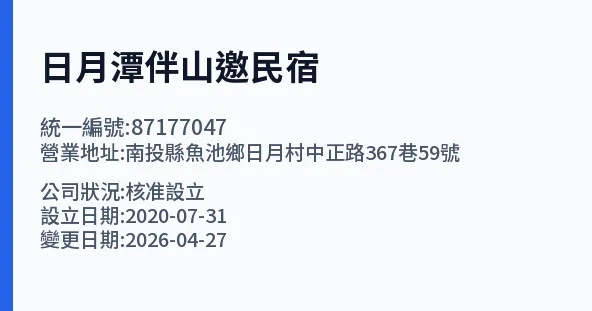 日月潭伴山邀民宿的照片-統編 87177047(南投縣) 公司登記資料與營業項目詳細圖表