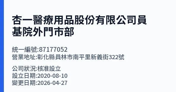 杏一醫療用品股份有限公司員基院外門市部的照片-統編 87177052(彰化縣) 公司登記資料與營業項目詳細圖表