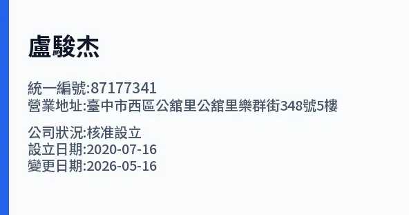 盧駿杰的照片-統編 87177341(臺中市) 公司登記資料與營業項目詳細圖表