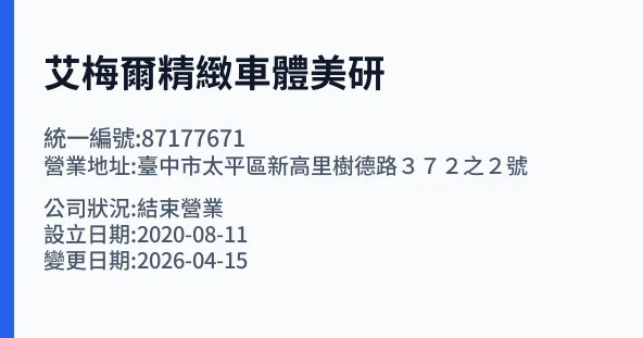 艾梅爾精緻車體美研的照片-統編 87177671(臺中市) 公司登記資料與營業項目詳細圖表