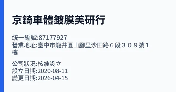 京錡車體鍍膜美研行的照片-統編 87177927(臺中市) 公司登記資料與營業項目詳細圖表