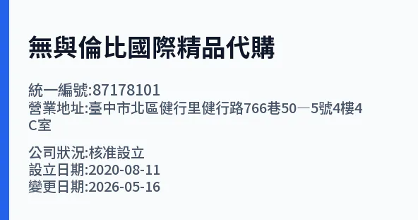 無與倫比國際精品代購的照片-統編 87178101(臺中市) 公司登記資料與營業項目詳細圖表