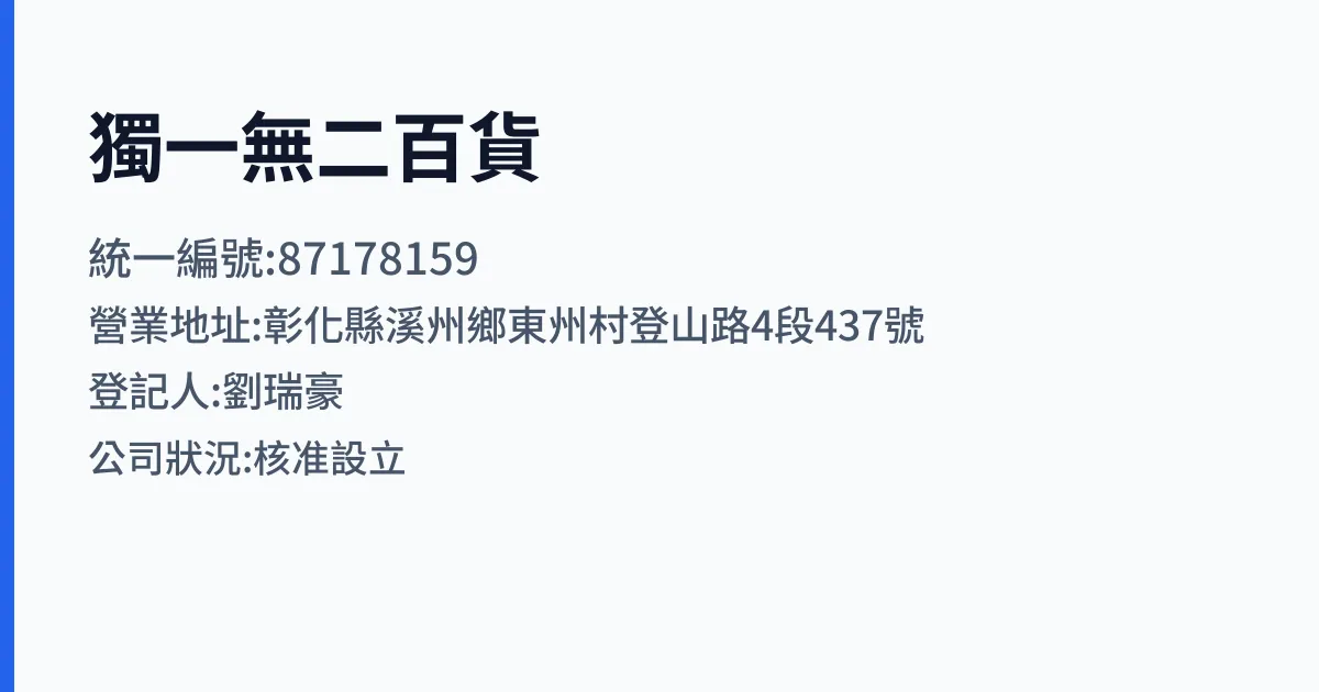 獨一無二百貨 - 統編 87178159(彰化縣) 公司登記資料與營業項目詳細圖表