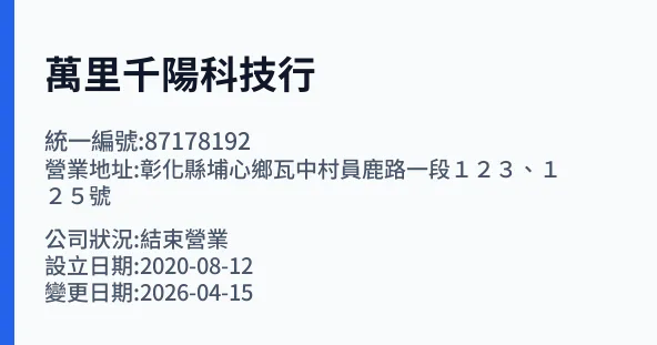 萬里千陽科技行的照片-統編 87178192(彰化縣) 公司登記資料與營業項目詳細圖表