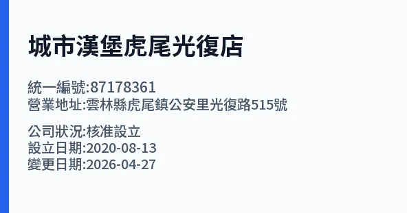城市漢堡虎尾光復店的照片-統編 87178361(雲林縣) 公司登記資料與營業項目詳細圖表