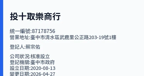 投十取樂商行的照片-統編 87178756(臺中市) 公司登記資料與營業項目詳細圖表