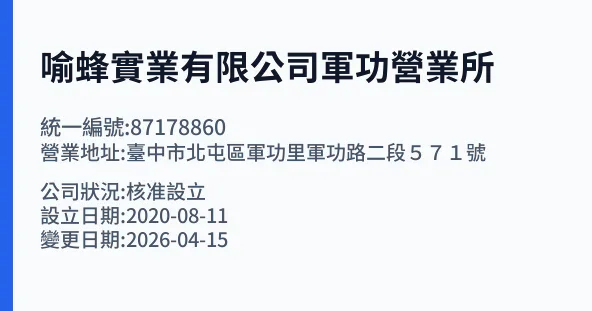喻蜂實業有限公司軍功營業所的照片-統編 87178860(臺中市) 公司登記資料與營業項目詳細圖表