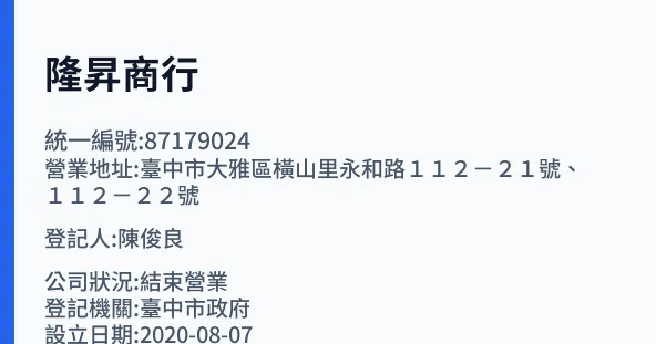 隆昇商行的照片-統編 87179024(臺中市) 公司登記資料與營業項目詳細圖表