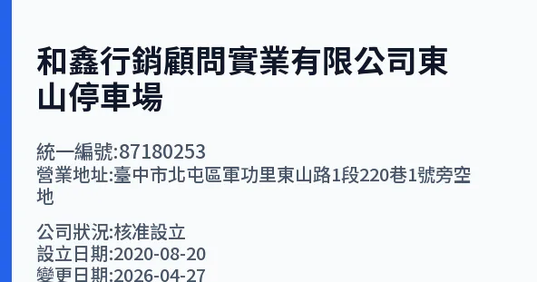 和鑫行銷顧問實業有限公司東山停車場的照片-統編 87180253(臺中市) 公司登記資料與營業項目詳細圖表