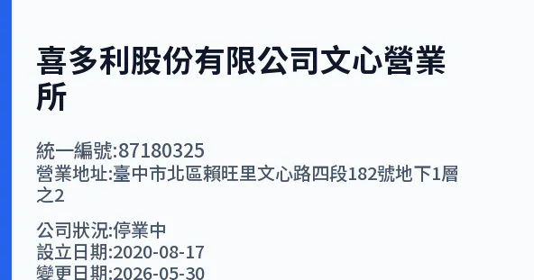 喜多利股份有限公司文心營業所的照片-統編 87180325(臺中市) 公司登記資料與營業項目詳細圖表