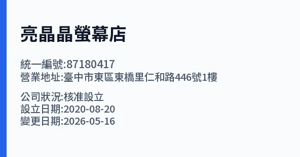 亮晶晶螢幕店的照片-統編 87180417(臺中市) 公司登記資料與營業項目詳細圖表