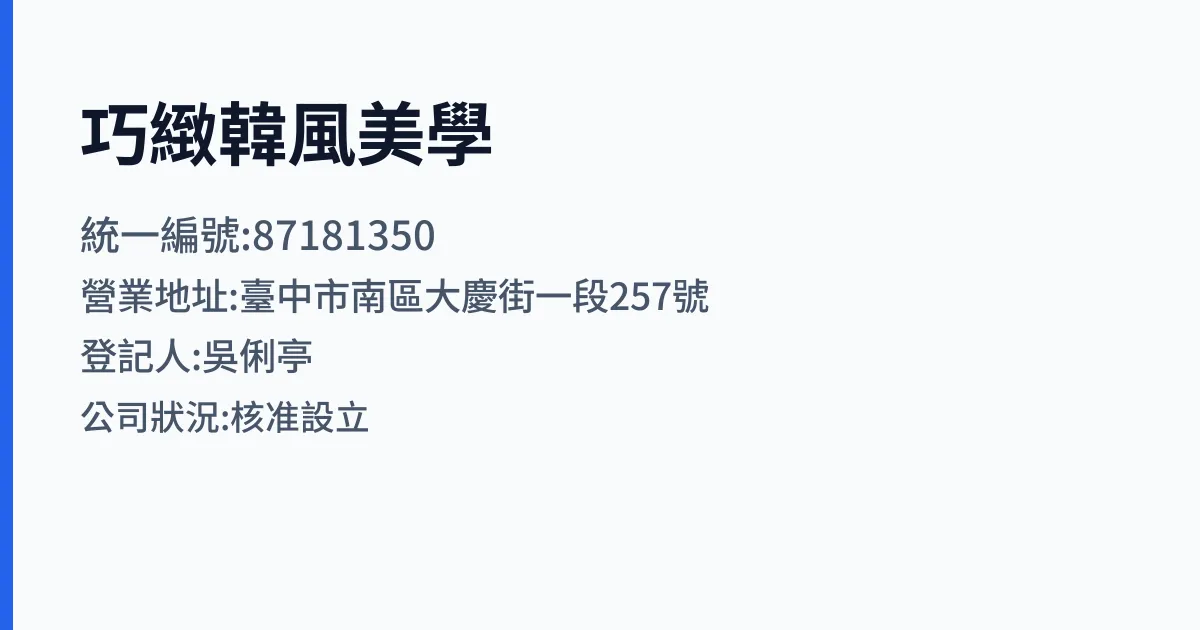 巧緻韓風美學 - 統編 87181350(臺中市) 公司登記資料與營業項目詳細圖表
