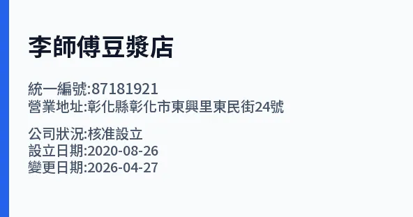 李師傅豆漿店的照片-統編 87181921(彰化縣) 公司登記資料與營業項目詳細圖表