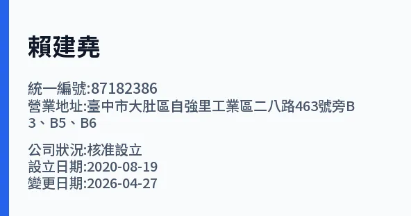 賴建堯的照片-統編 87182386(臺中市) 公司登記資料與營業項目詳細圖表