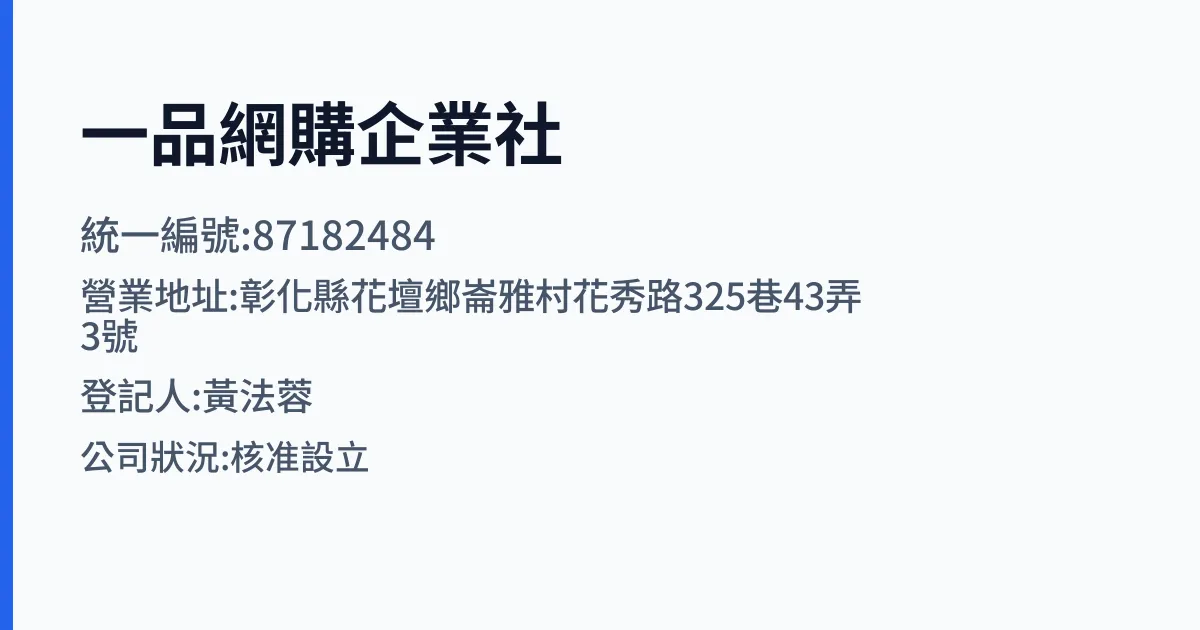 一品網購企業社 - 統編 87182484(彰化縣) 公司登記資料與營業項目詳細圖表