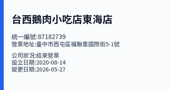 台西鵝肉小吃店東海店的照片-統編 87182739(臺中市) 公司登記資料與營業項目詳細圖表