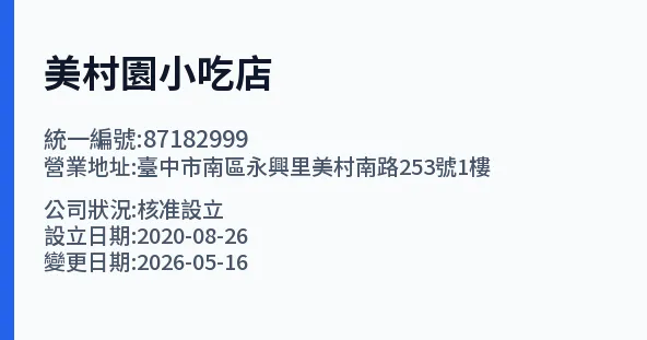 美村園小吃店的照片-統編 87182999(臺中市) 公司登記資料與營業項目詳細圖表