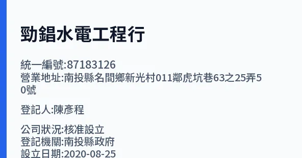 勁錩水電工程行的照片-統編 87183126(南投縣) 公司登記資料與營業項目詳細圖表