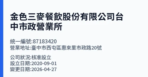 金色三麥餐飲股份有限公司台中市政營業所的照片-統編 87183420(臺中市) 公司登記資料與營業項目詳細圖表