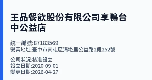 王品餐飲股份有限公司享鴨台中公益店的照片-統編 87183569(臺中市) 公司登記資料與營業項目詳細圖表