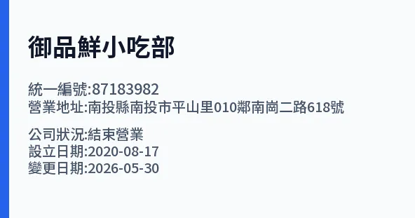 御品鮮小吃部的照片-統編 87183982(南投縣) 公司登記資料與營業項目詳細圖表