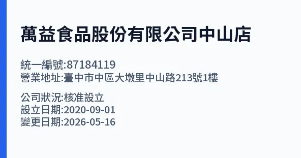 萬益食品股份有限公司中山店的照片-統編 87184119(臺中市) 公司登記資料與營業項目詳細圖表