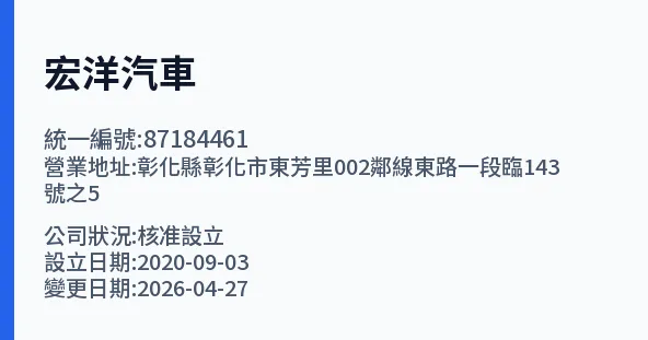 宏洋汽車的照片-統編 87184461(彰化縣) 公司登記資料與營業項目詳細圖表