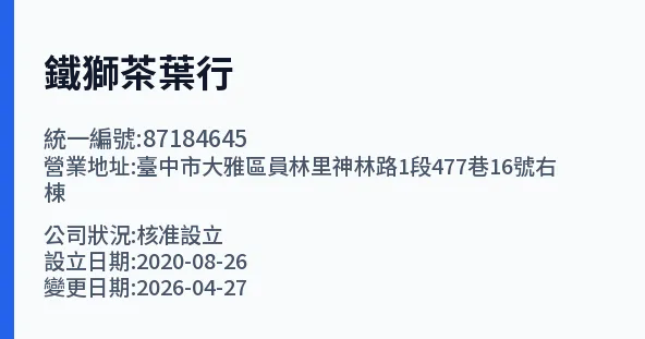 鐵獅茶葉行的照片-統編 87184645(臺中市) 公司登記資料與營業項目詳細圖表
