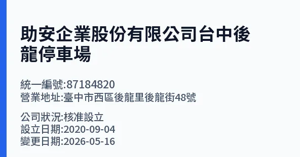 助安企業股份有限公司台中後龍停車場的照片-統編 87184820(臺中市) 公司登記資料與營業項目詳細圖表