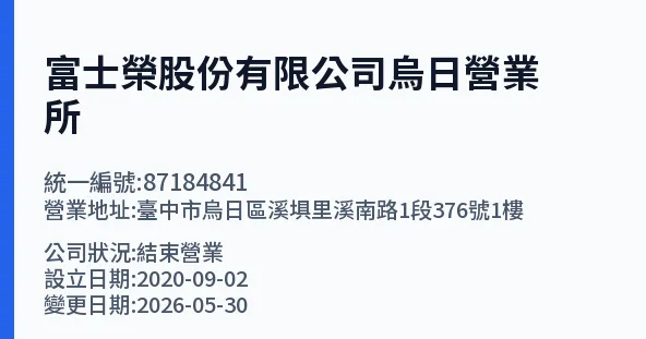 富士榮股份有限公司烏日營業所的照片-統編 87184841(臺中市) 公司登記資料與營業項目詳細圖表
