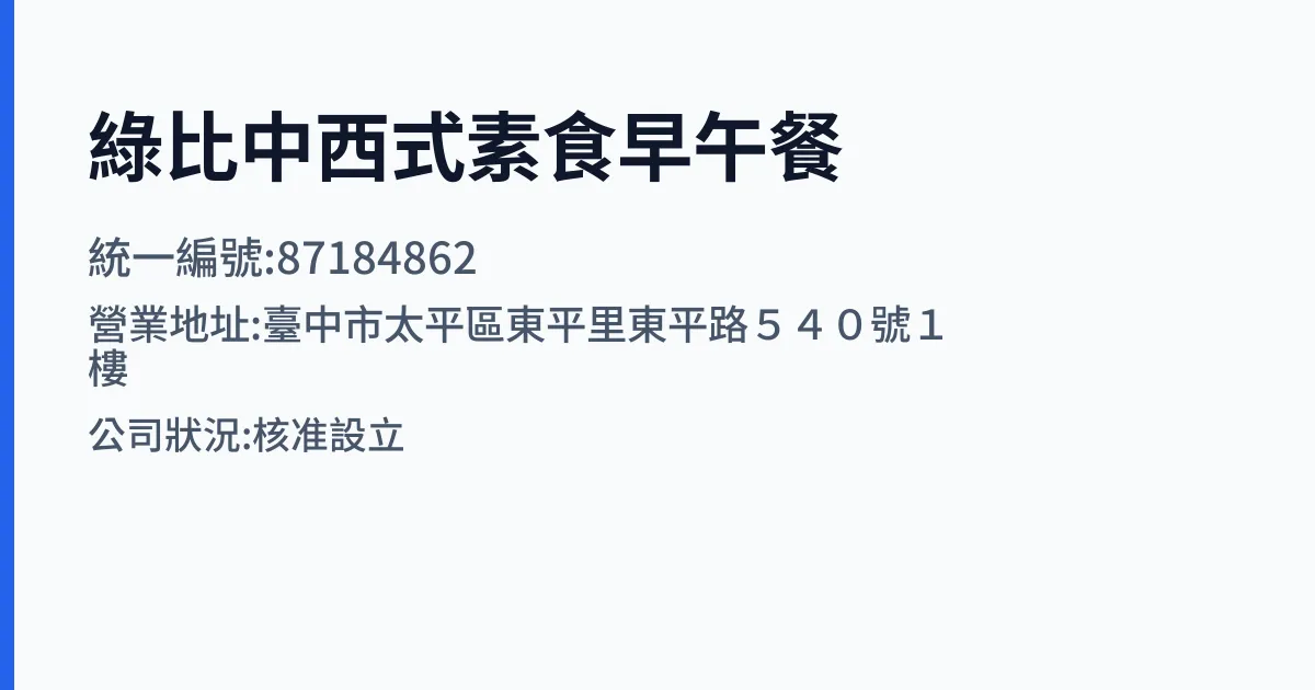 綠比中西式素食早午餐 - 統編 87184862(臺中市) 公司登記資料與營業項目詳細圖表