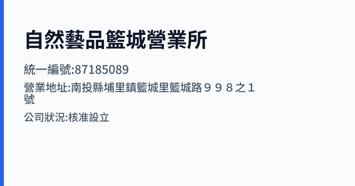 自然藝品籃城營業所 - 統編 87185089(南投縣) 公司登記資料與營業項目詳細圖表