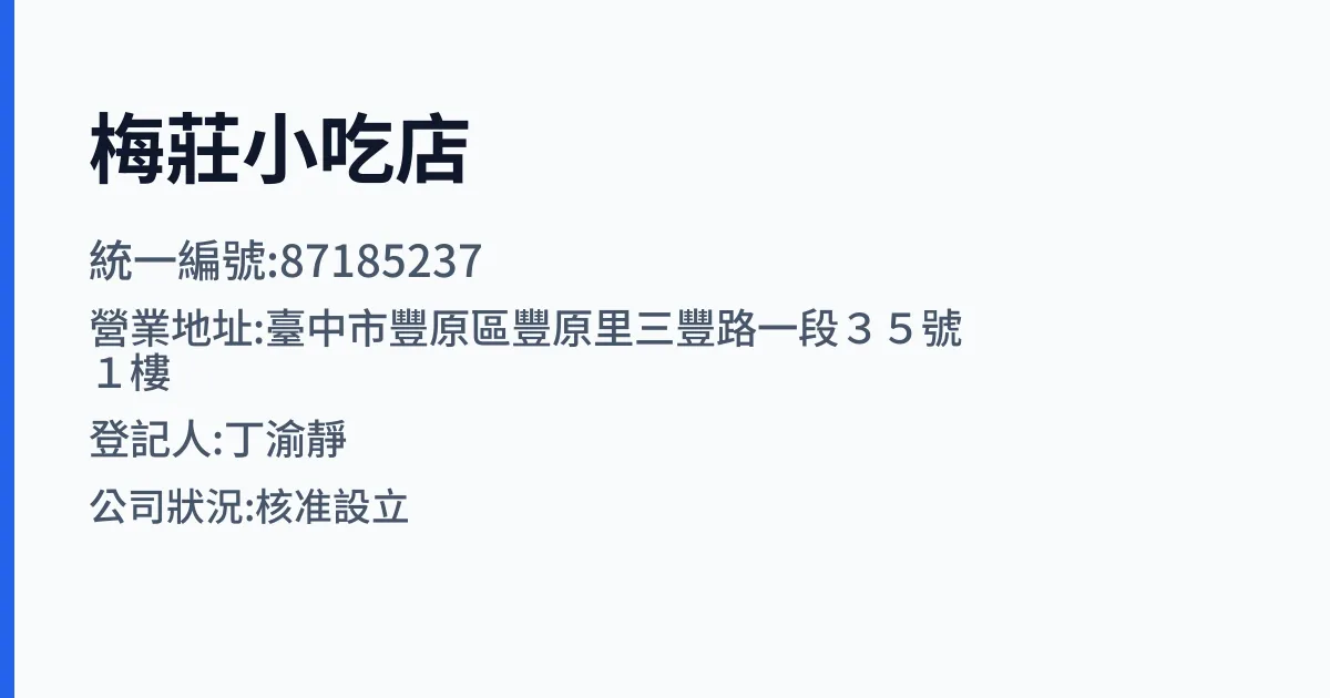 梅莊小吃店 - 統編 87185237(臺中市) 公司登記資料與營業項目詳細圖表