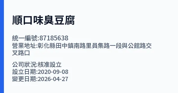順口味臭豆腐的照片-統編 87185638(彰化縣) 公司登記資料與營業項目詳細圖表