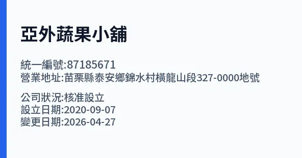 亞外蔬果小舖的照片-統編 87185671(苗栗縣) 公司登記資料與營業項目詳細圖表