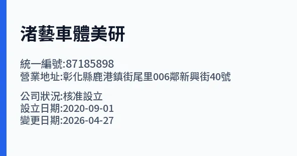 渚藝車體美研的照片-統編 87185898(彰化縣) 公司登記資料與營業項目詳細圖表