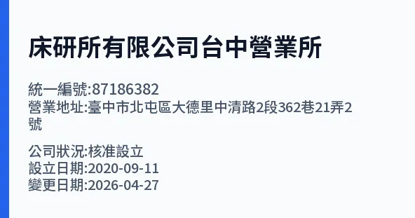 床研所有限公司台中營業所的照片-統編 87186382(臺中市) 公司登記資料與營業項目詳細圖表