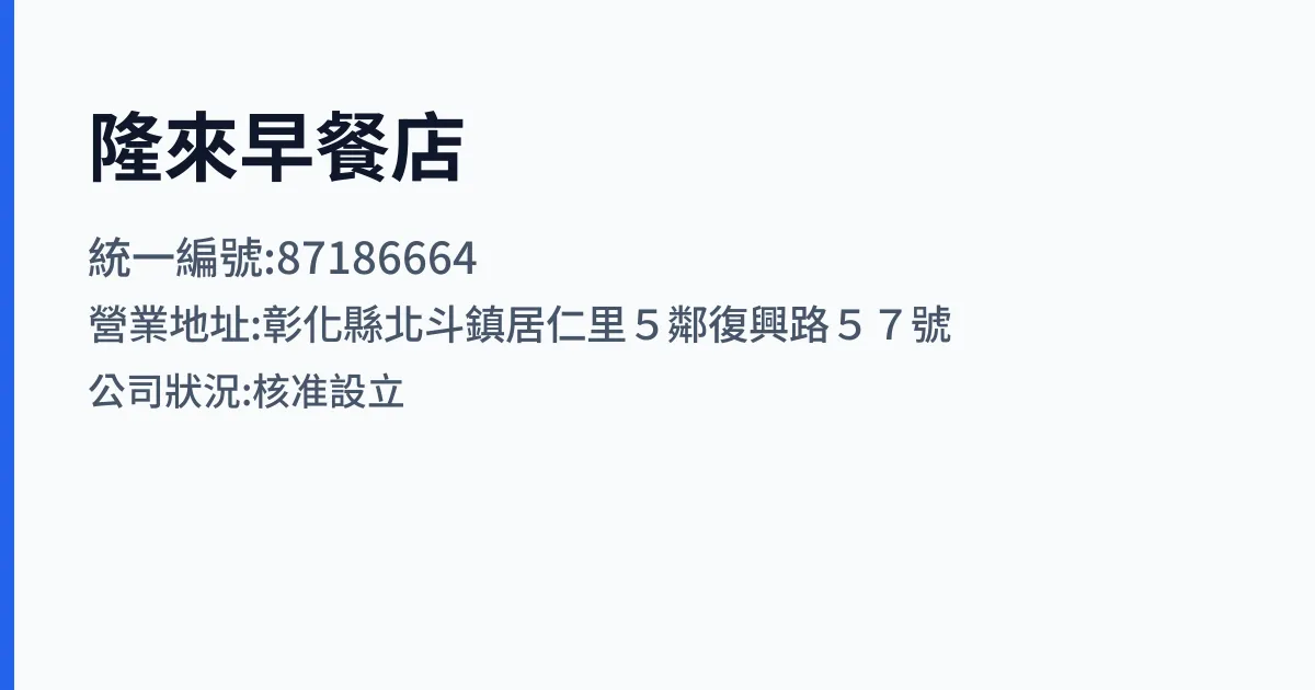 隆來早餐店 - 統編 87186664(彰化縣) 公司登記資料與營業項目詳細圖表
