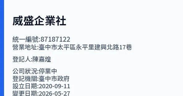 威盛企業社的照片-統編 87187122(臺中市) 公司登記資料與營業項目詳細圖表