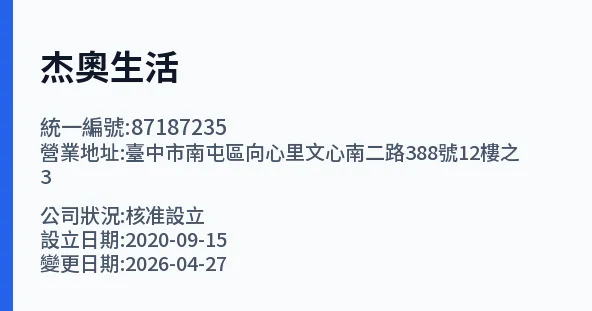 杰奧生活的照片-統編 87187235(臺中市) 公司登記資料與營業項目詳細圖表