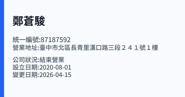 鄭蒼駿的照片-統編 87187592(臺中市) 公司登記資料與營業項目詳細圖表