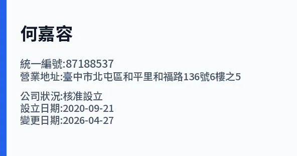 何嘉容的照片-統編 87188537(臺中市) 公司登記資料與營業項目詳細圖表