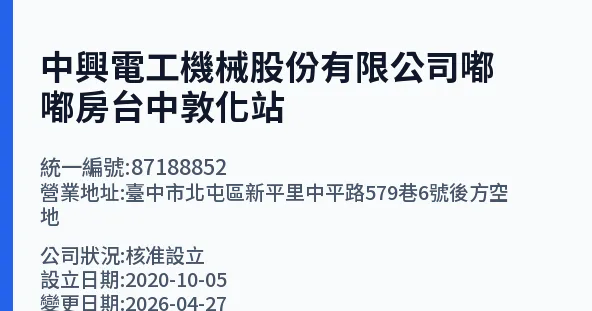 中興電工機械股份有限公司嘟嘟房台中敦化站的照片-統編 87188852(臺中市) 公司登記資料與營業項目詳細圖表