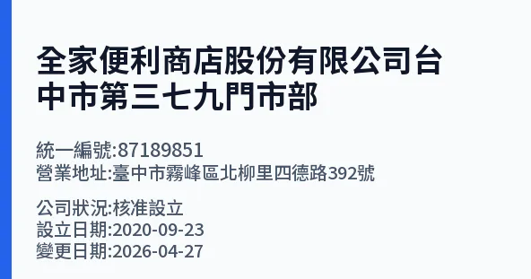全家便利商店股份有限公司台中市第三七九門市部的照片-統編 87189851(臺中市) 公司登記資料與營業項目詳細圖表