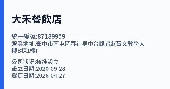 大禾餐飲店的照片-統編 87189959(臺中市) 公司登記資料與營業項目詳細圖表