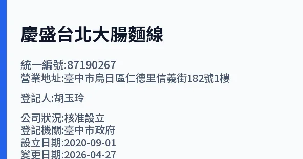 慶盛台北大腸麵線的照片-統編 87190267(臺中市) 公司登記資料與營業項目詳細圖表