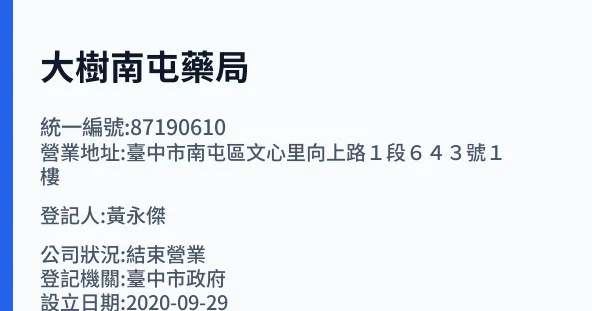 大樹南屯藥局 - 統編 87190610(臺中市) 公司登記資料與營業項目詳細圖表